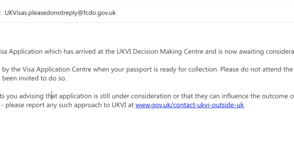 Thank you for your Visa Application which has arrived at the UKVI ...